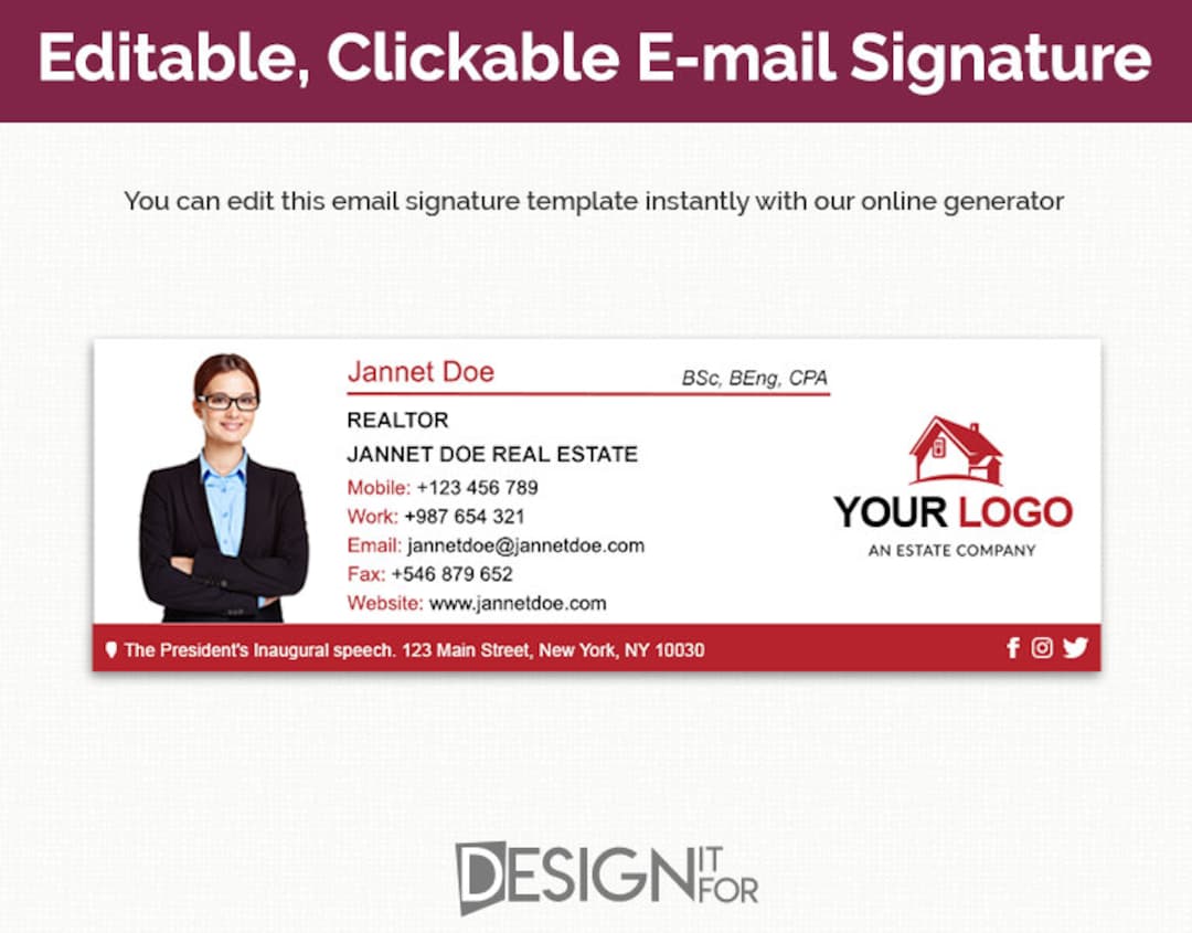 Realtor Email Signature Template With Logo , Editable Clickable Email ...