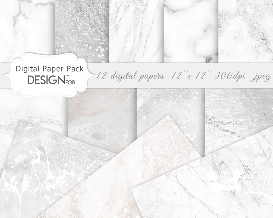 White Marble Digital Paper Pack, Grey Silver Marble Textures, White ...