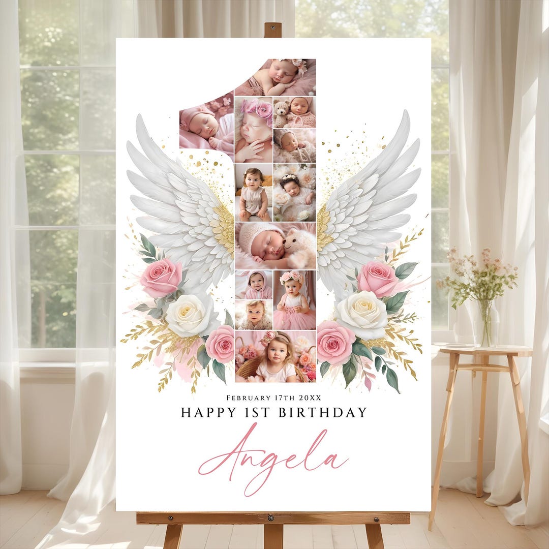 Angel Wings First Birthday Photo Milestone Sign, 1st Birthday Welcome ...