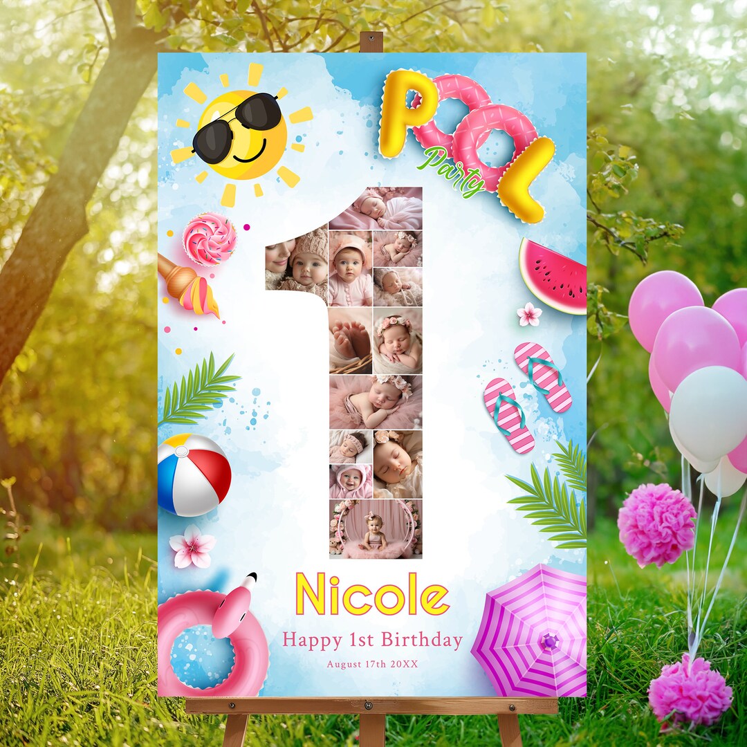 Pool Party 1st Birthday Welcome Board Template, Editable Pool Party 1st ...
