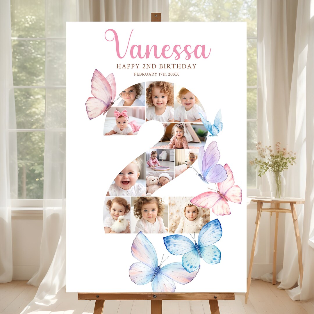 Butterfly 2nd Birthday Welcome Sign, Second Birthday Number Photo ...