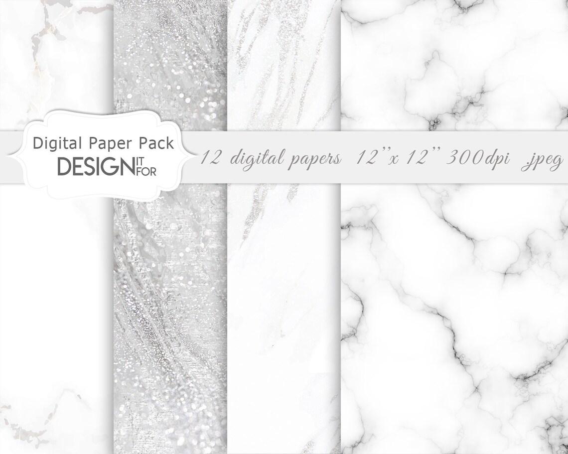 White Marble Digital Paper Pack, Grey Silver Marble Textures, White ...