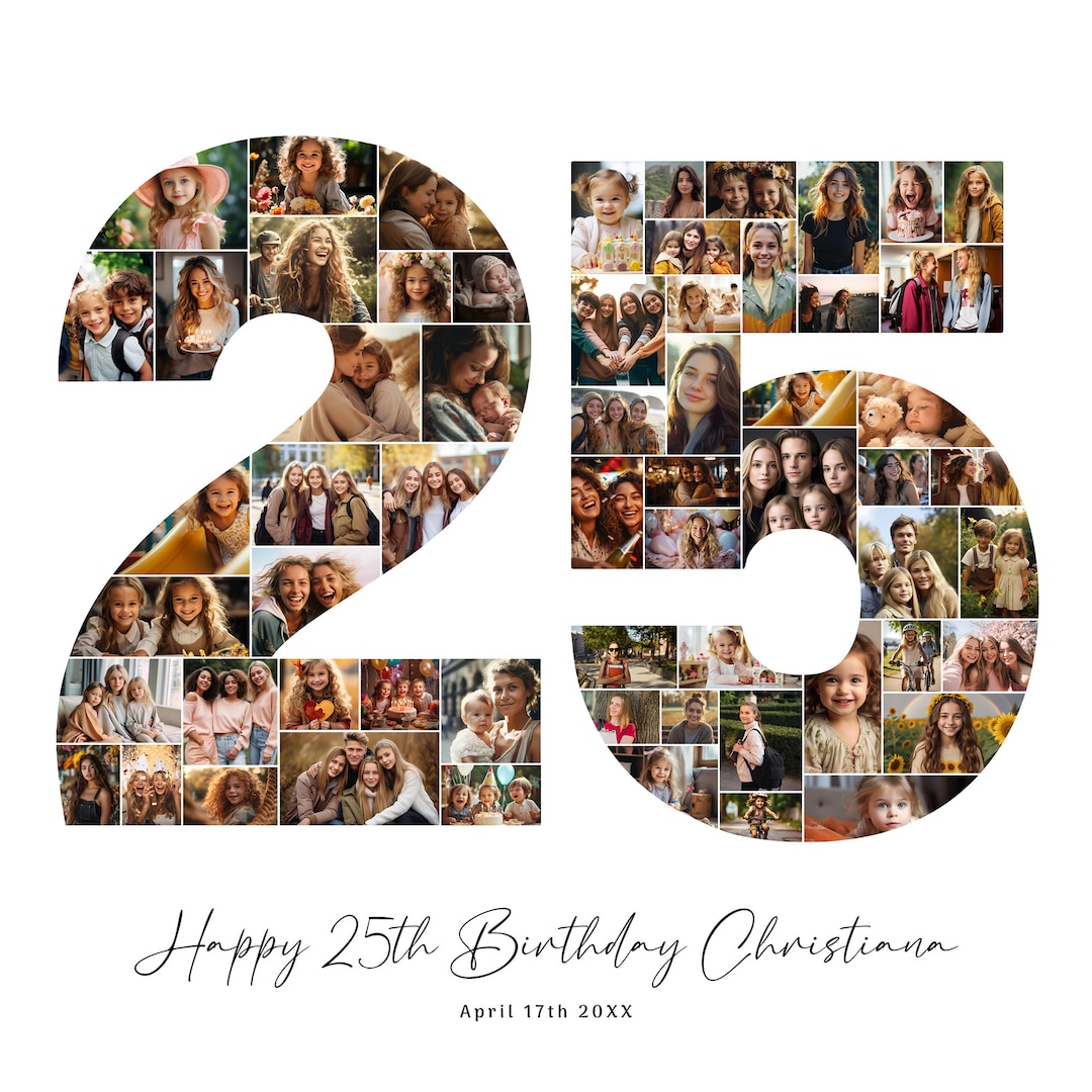 25th Birthday Photo Collage, 25th Birthday Gift, Birthday Number 25 ...