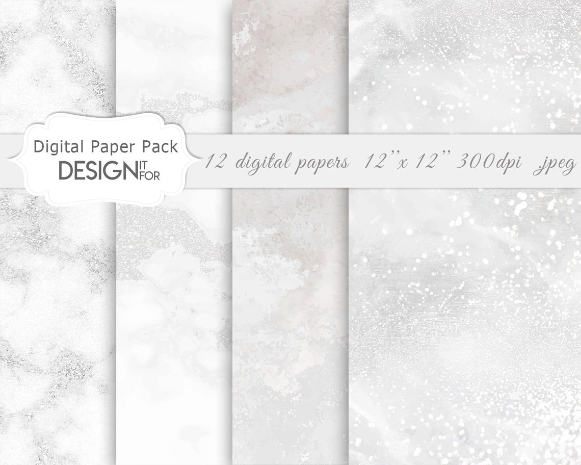 White Marble Digital Paper Pack, Grey Silver Marble Textures, White ...