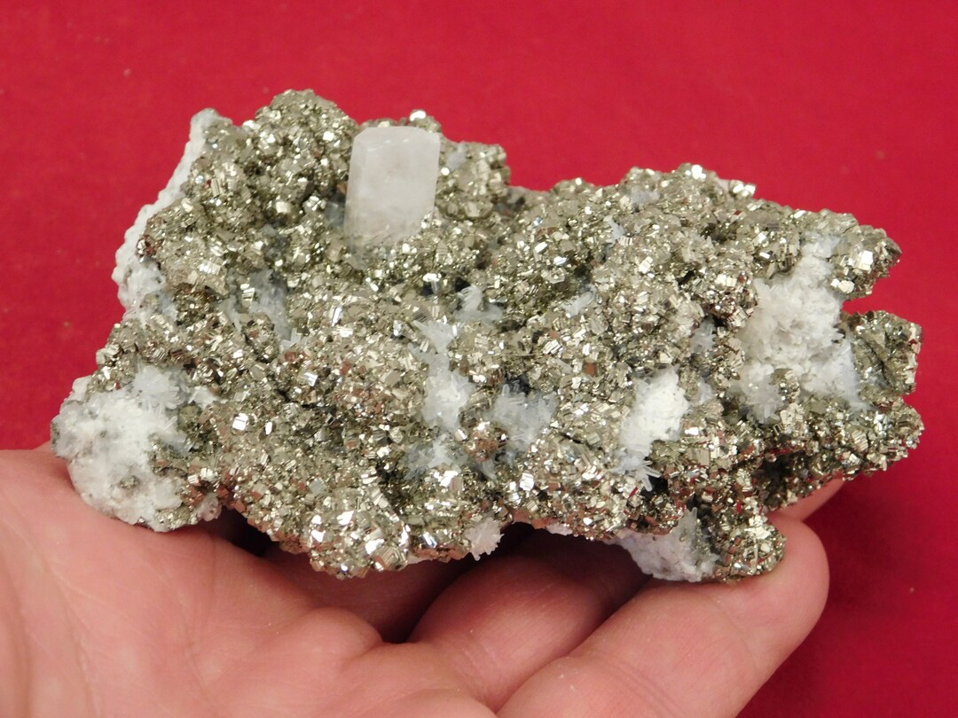Big Pyrite Crystal Cluster With a FLUORESCENT Calcite Crystal Peru ...