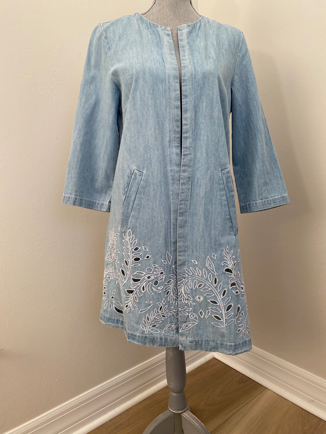 Vintage Light Wash Cotton Denim Embroidered Duster Coat Jacket Size ...