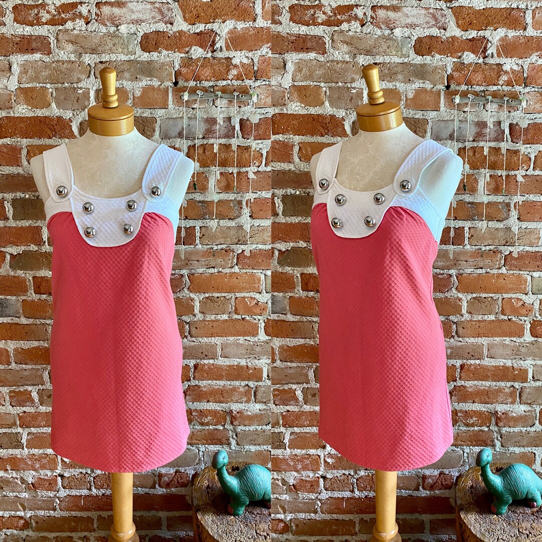 Vintage Retro Mod Shift Mini Dress, Coral Pink With Oversized Buttons ...