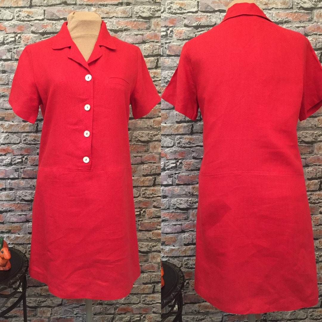 Vintage David Dart Red Linen Short Sleeve Day Dress Size Small/medium ...