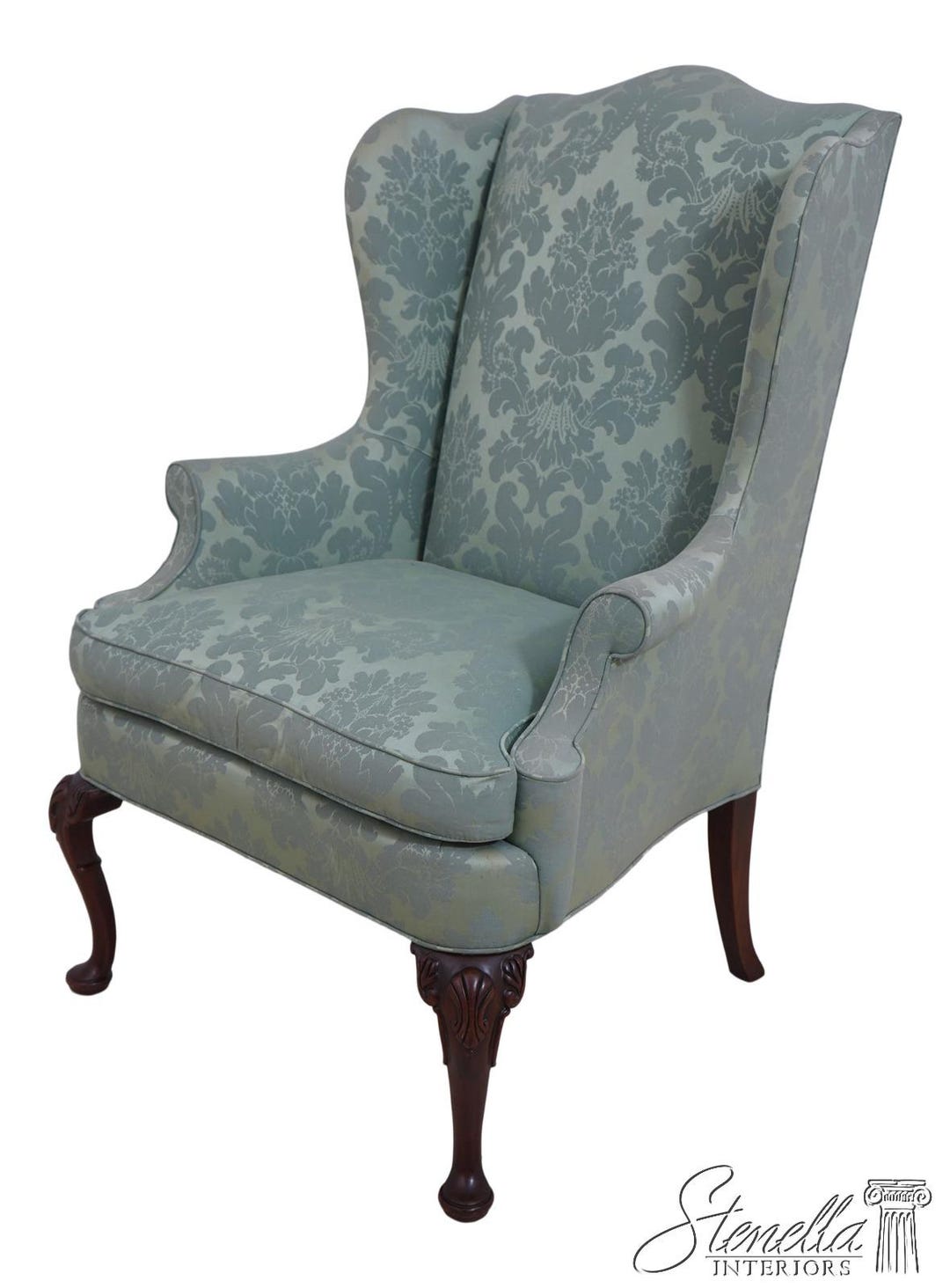 65444EC: Queen Anne Damask Upholstered Mahogany Wing Chair - Etsy