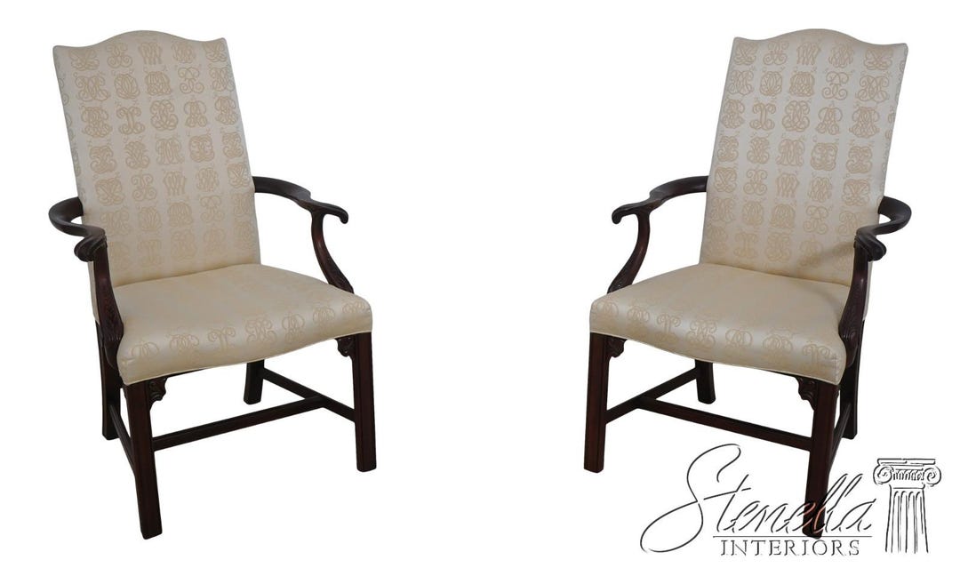 70995: Pair of HENKEL HARRIS Mahogany Upholstered High Back Host ...