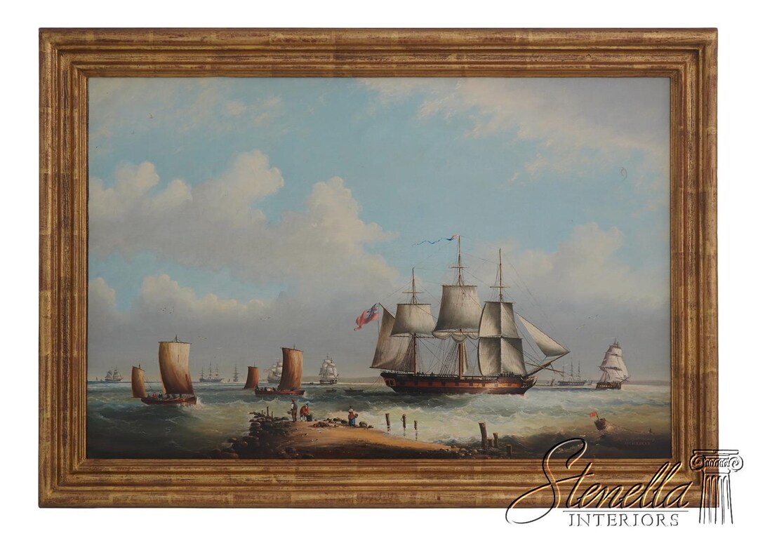 F71157: Framed Artist Signed Oil Painting on Canvas British Tall Ships ...