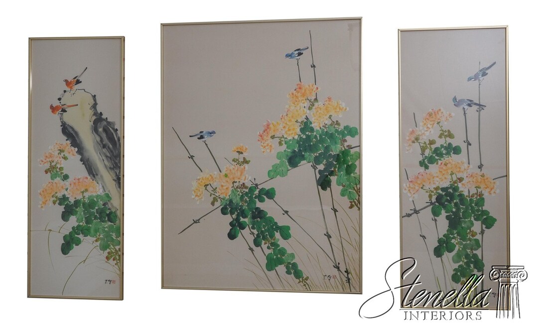 F60186EC: Set of 3 Oriental Silk Bird & Tree Decorated Modern Framed ...