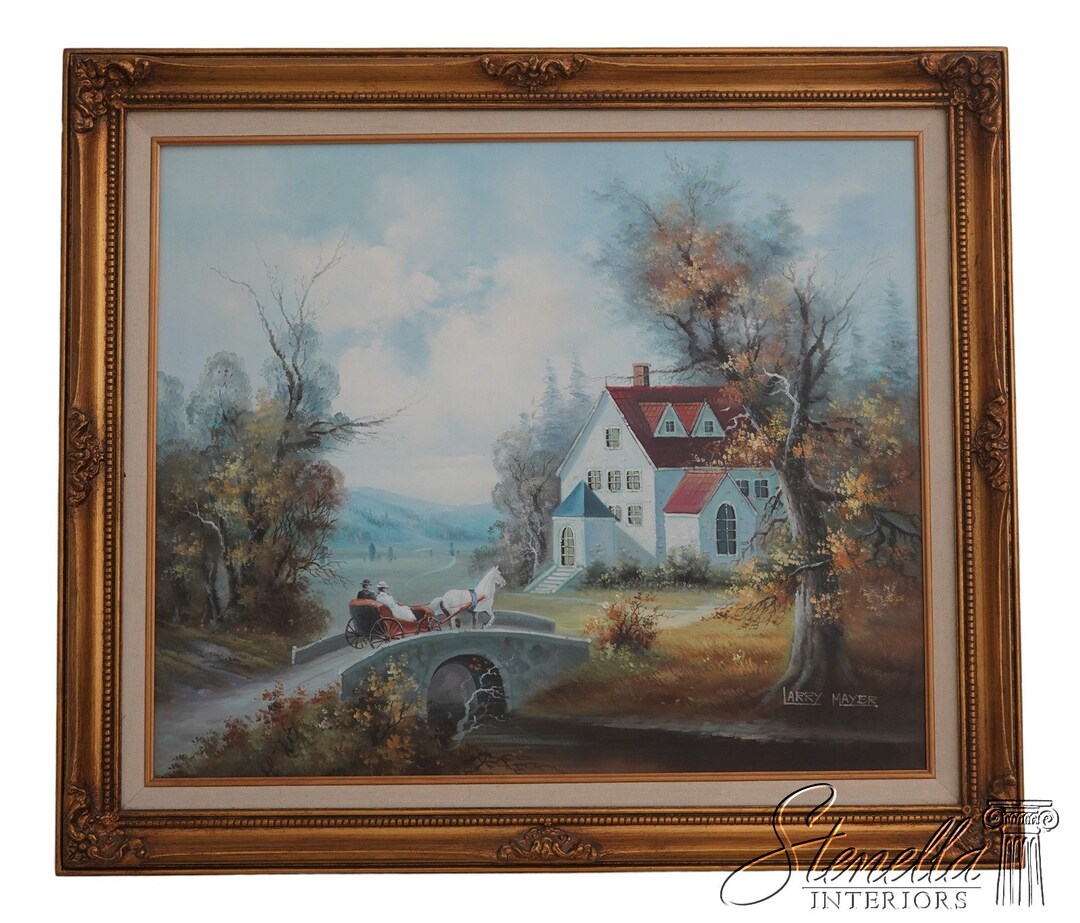 F64991EC: LARRY MAYER Artist Signed Horse & Carriage on Bridge Oil ...