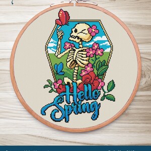 Hello Spring Cross Stitch Pattern, Skeleton Cross Stitch - Etsy