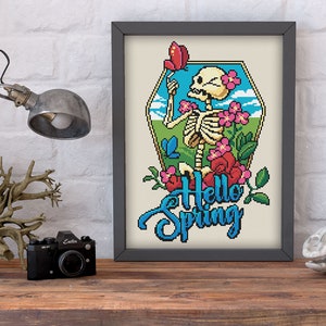 Hello Spring Cross Stitch Pattern, Skeleton Cross Stitch - Etsy