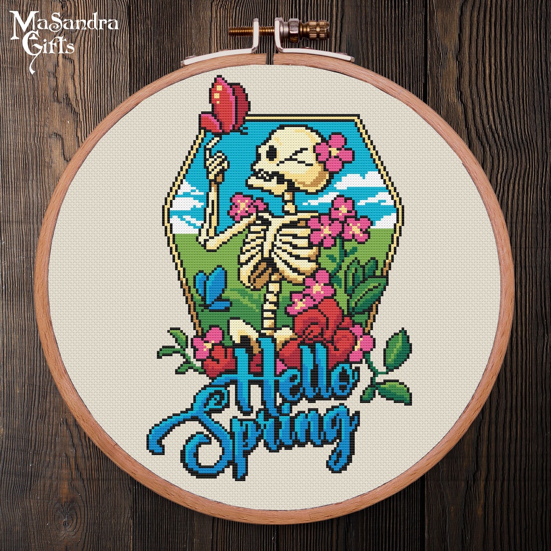 Hello Spring Cross Stitch Pattern, Skeleton Cross Stitch - Etsy