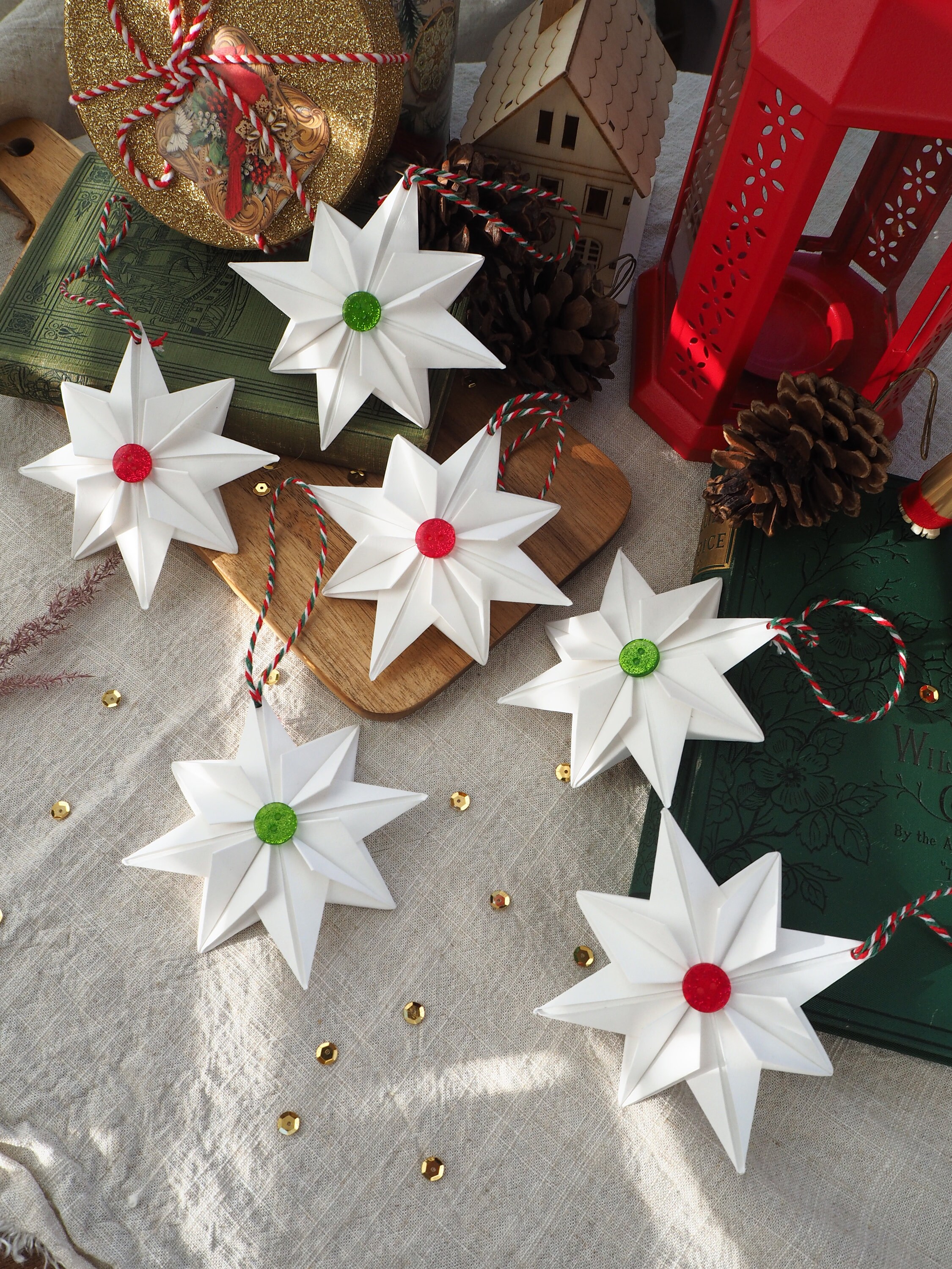 Nordic White Origami Paper Star Christmas Ornament With Glittery Button ...