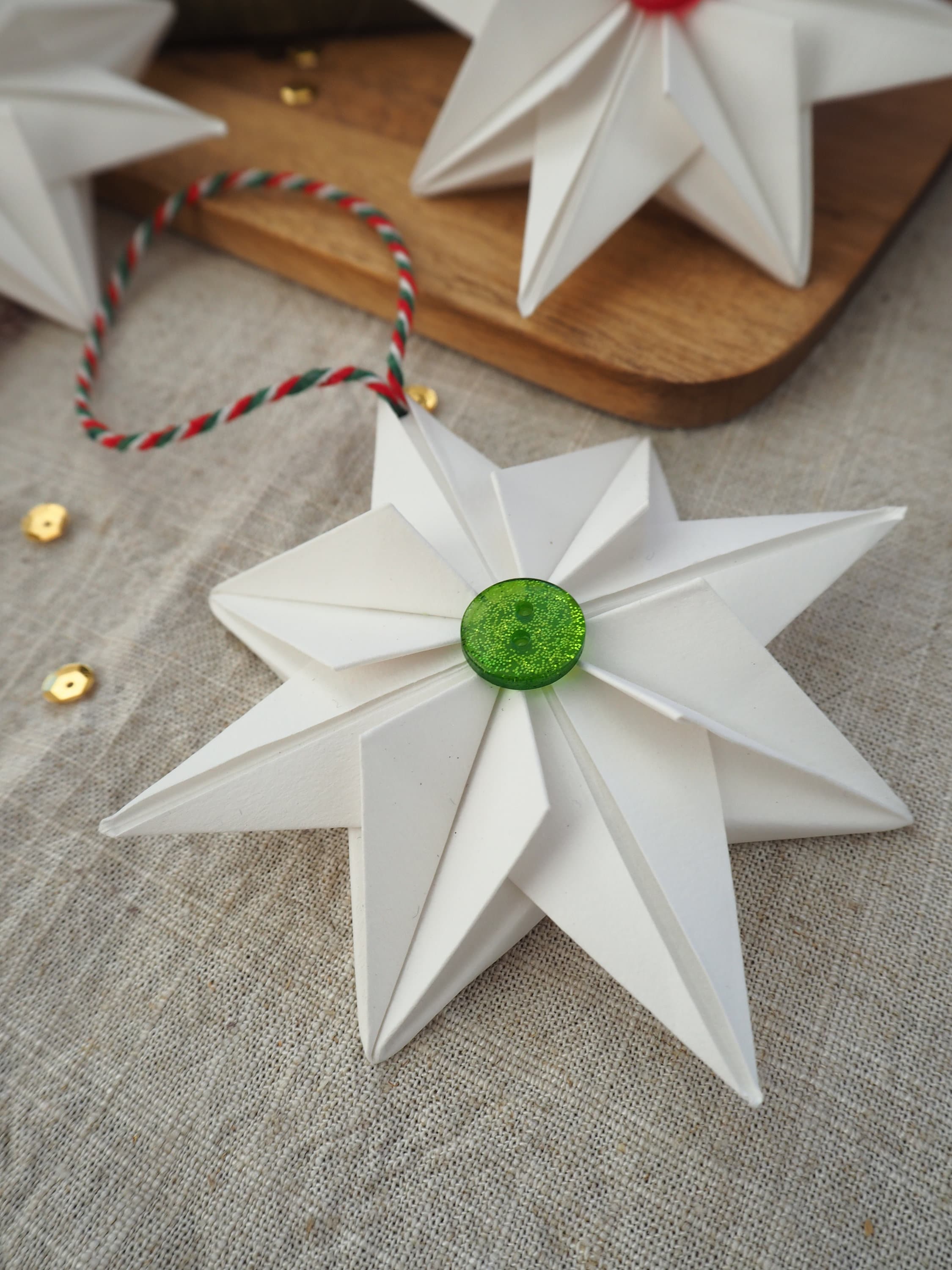 Nordic White Origami Paper Star Christmas Ornament With Glittery Button ...