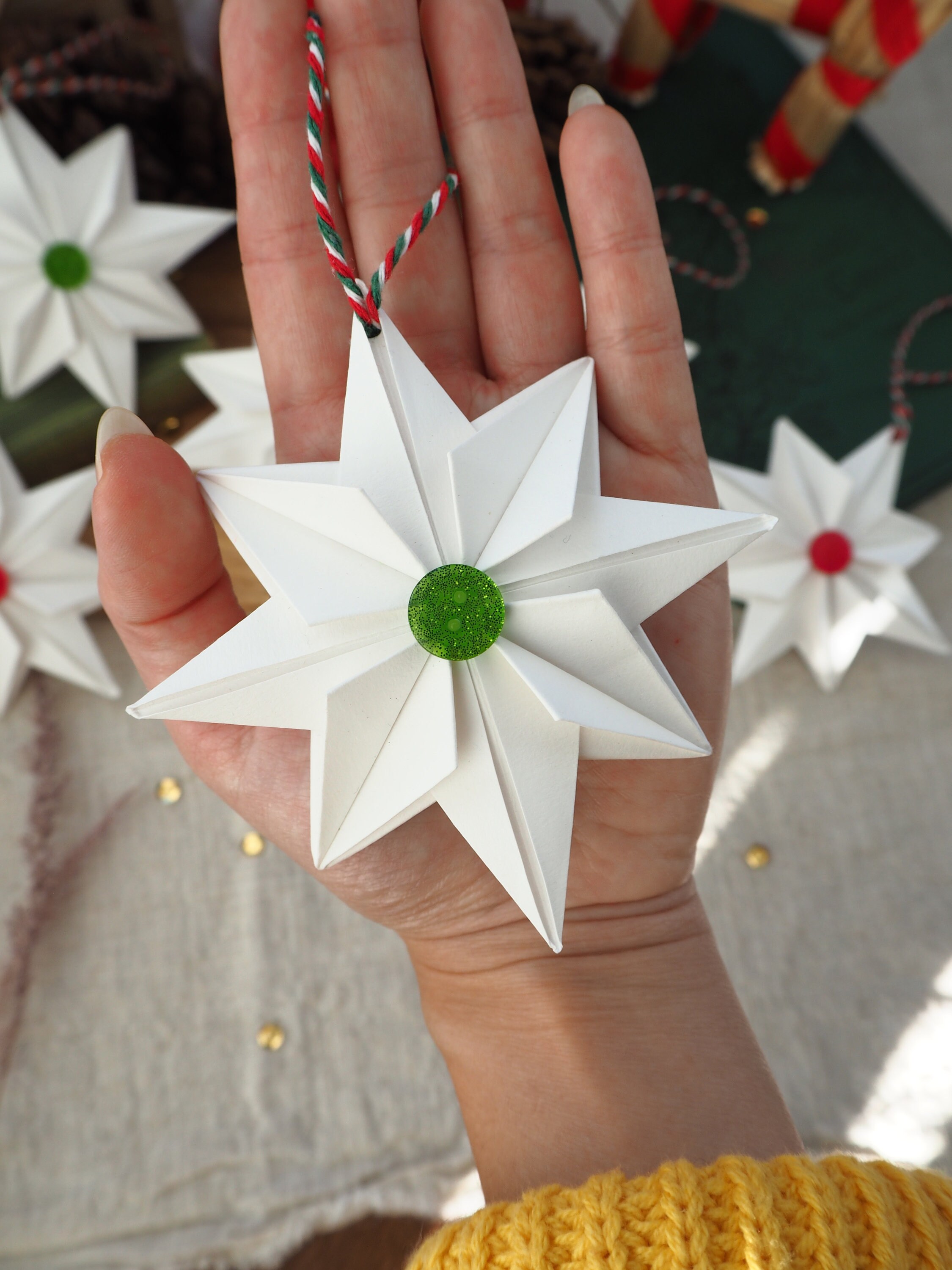 Nordic White Origami Paper Star Christmas Ornament With Glittery Button ...