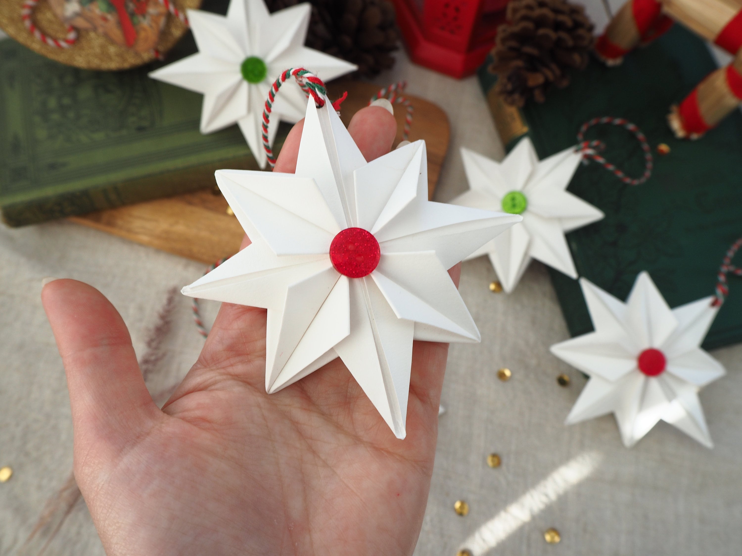 Nordic White Origami Paper Star Christmas Ornament With Glittery Button ...