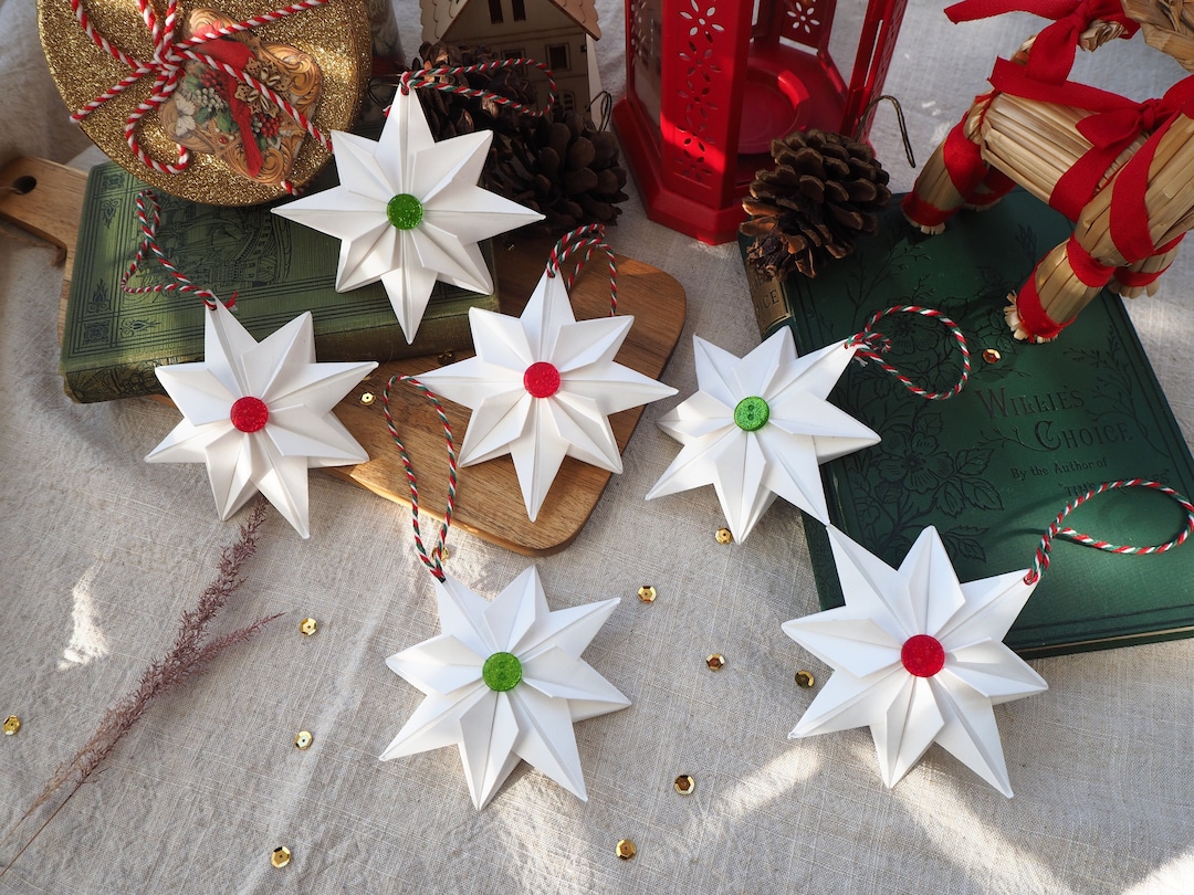 Nordic White Origami Paper Star Christmas Ornament With Glittery Button ...