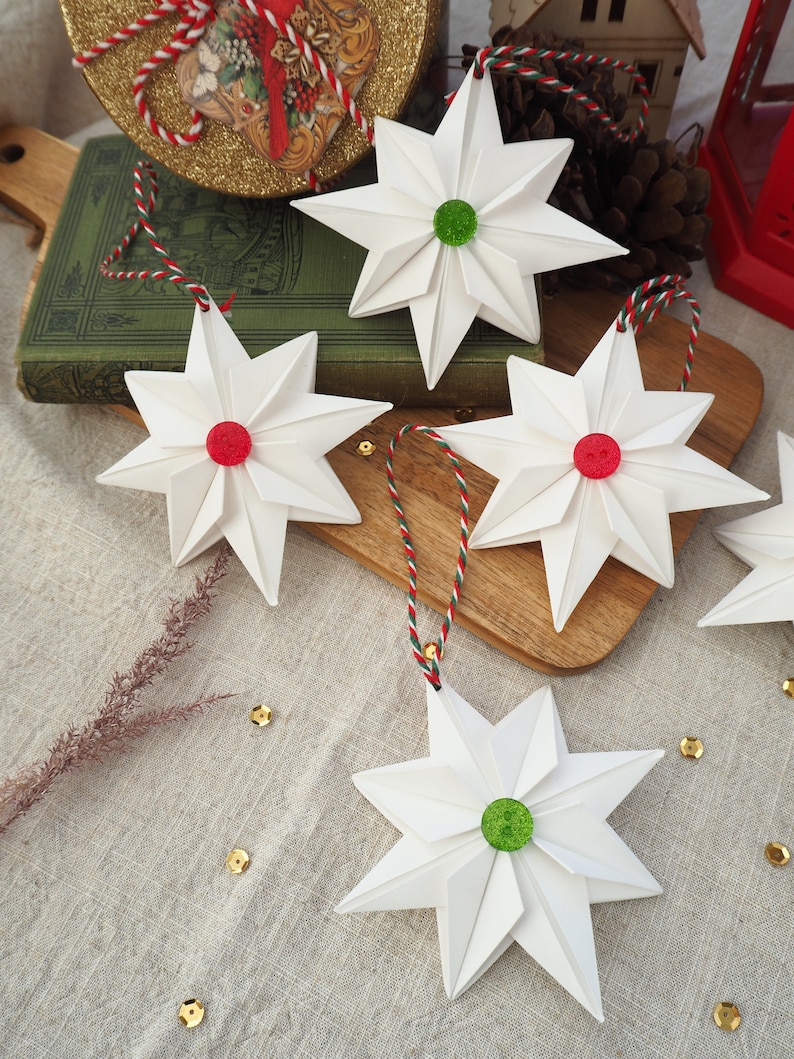 Nordic White Origami Paper Star Christmas Ornament With Glittery Button ...