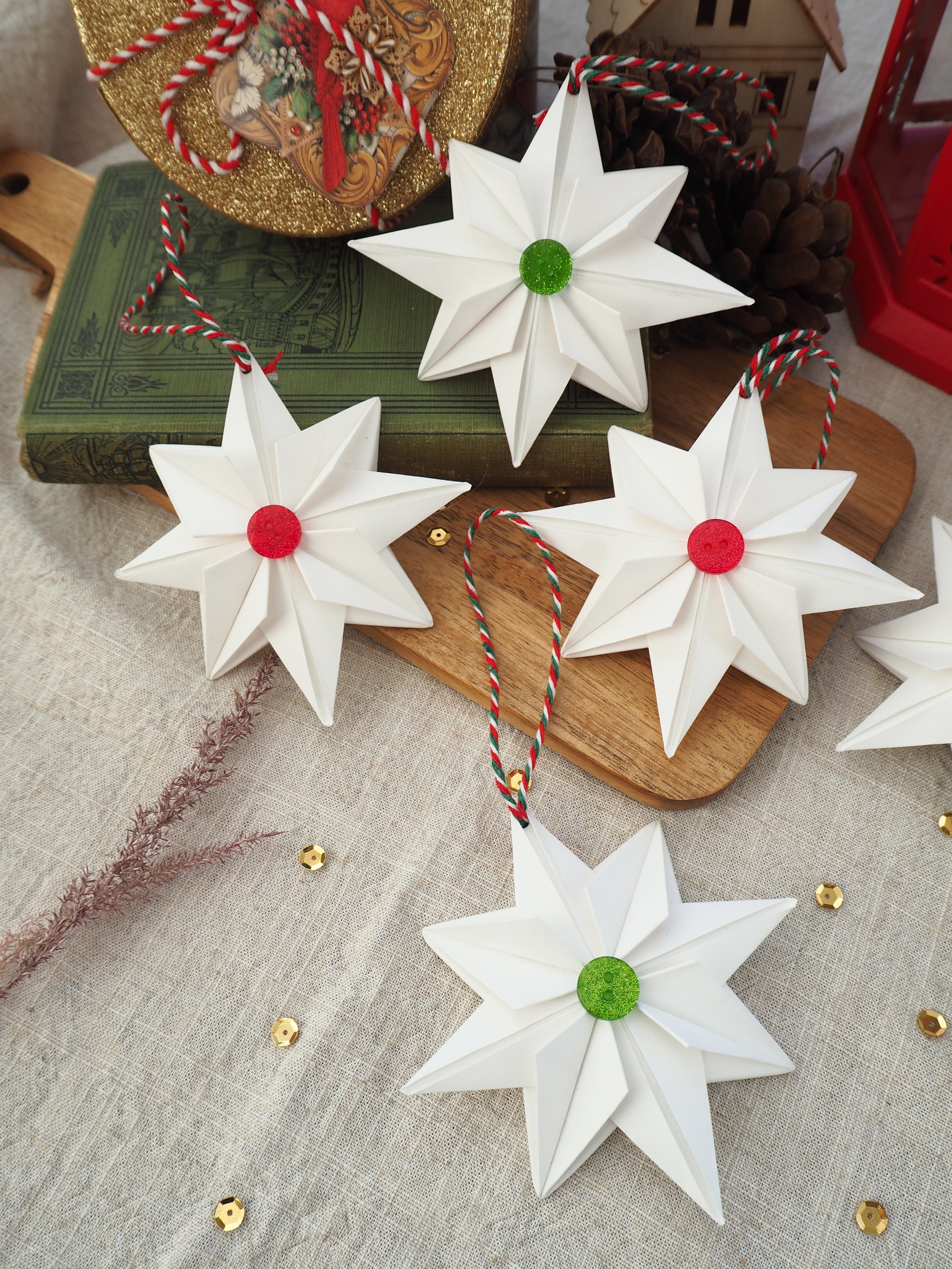 Nordic White Origami Paper Star Christmas Ornament With Glittery Button ...