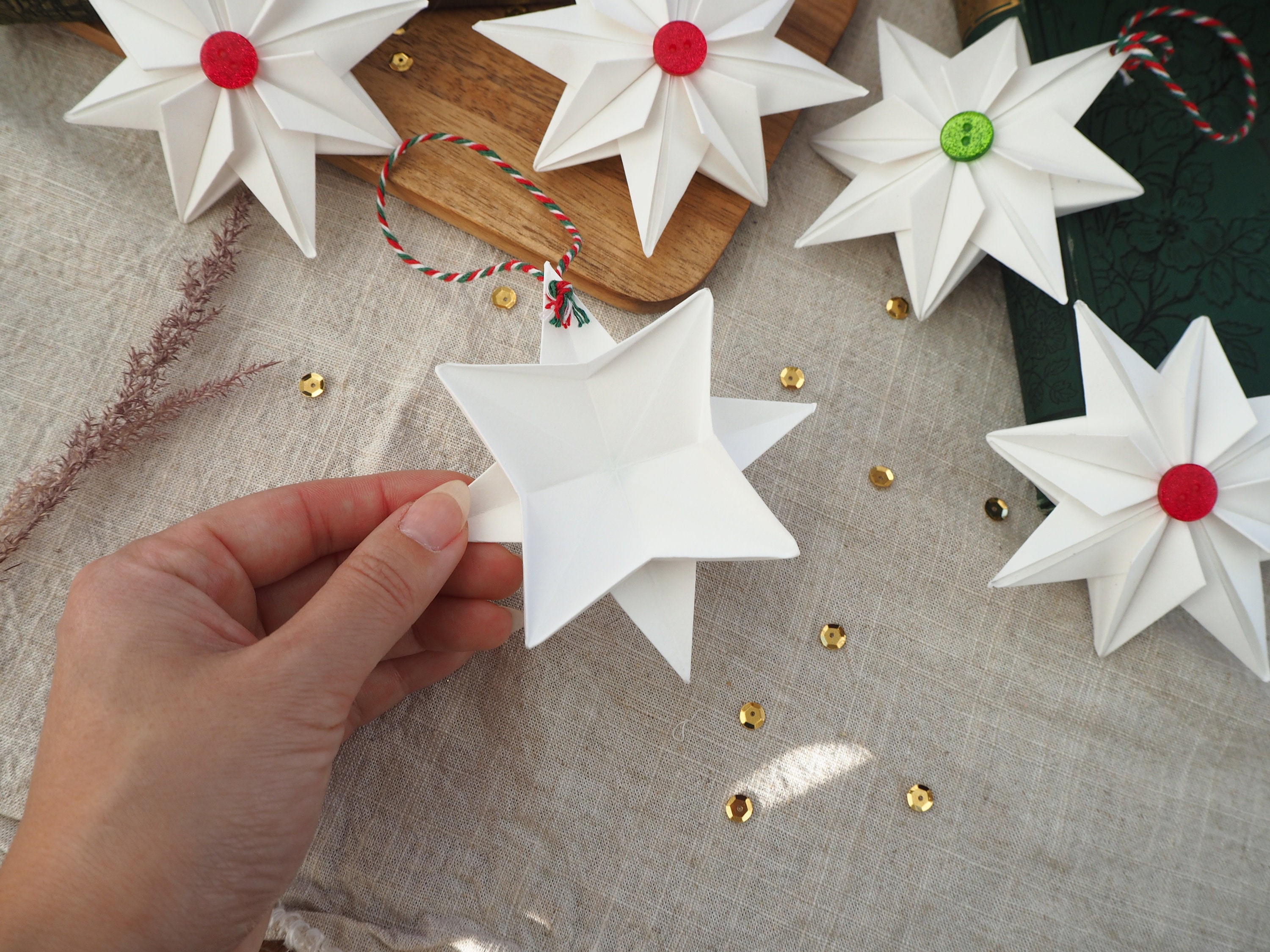 Nordic White Origami Paper Star Christmas Ornament With Glittery Button ...