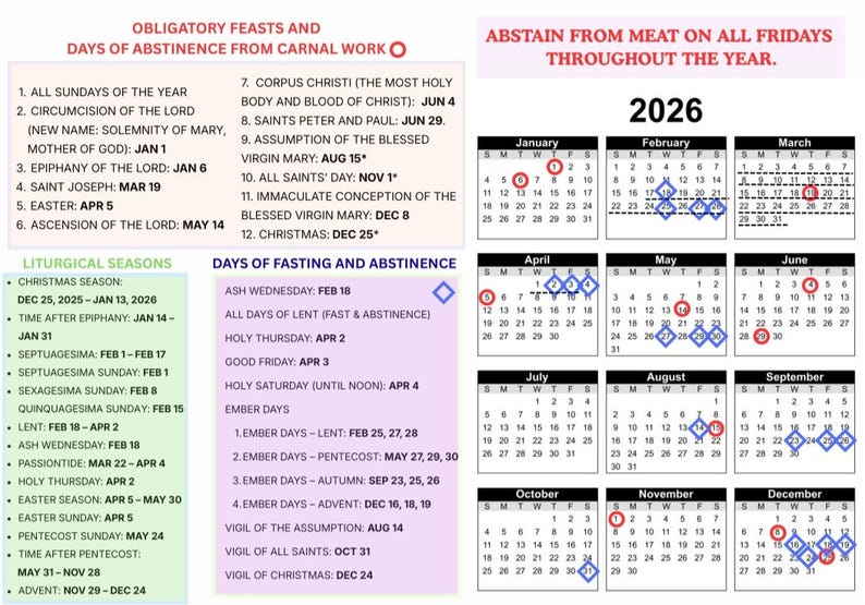 Traditional Catholic Liturgical Calendar 2026 Printable – Fasting ...