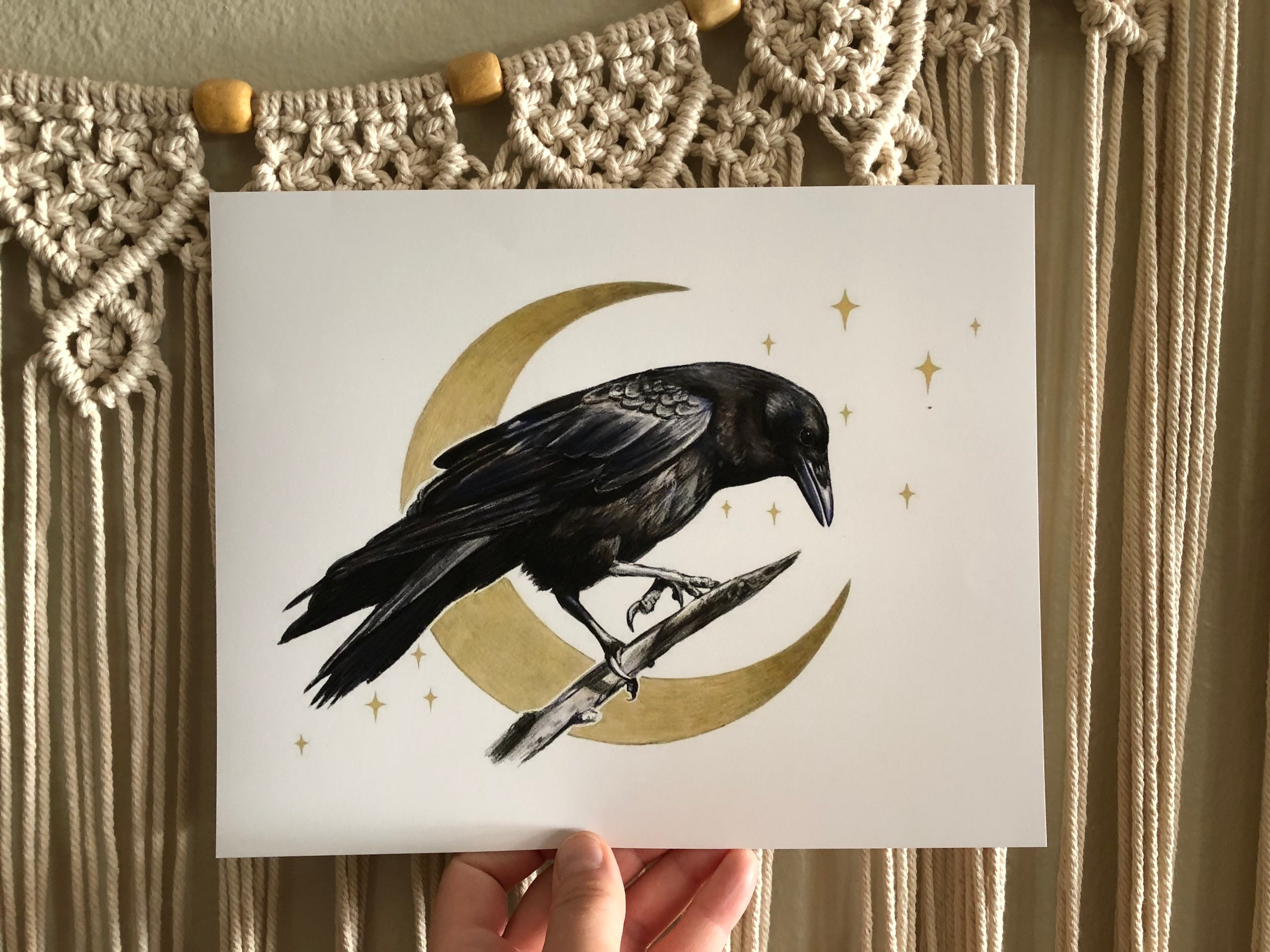 Art print Magical crow on crescent moon / Halloween decor | Etsy