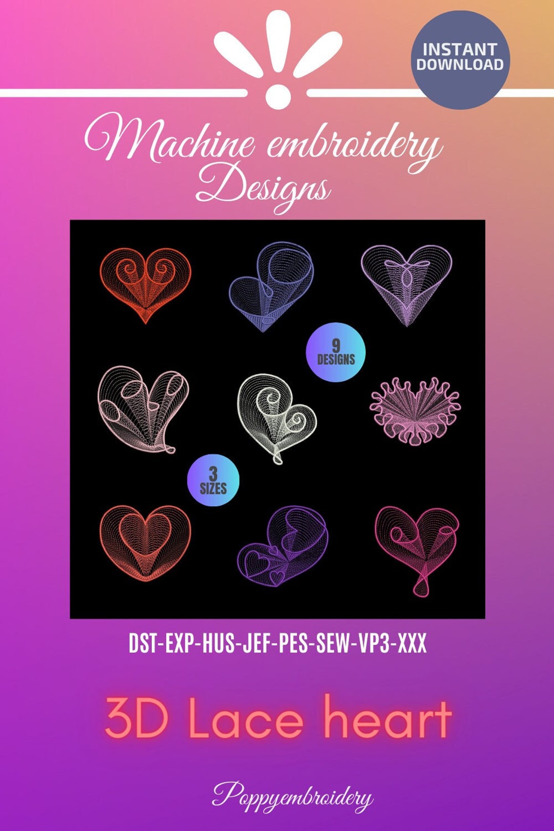 3D Heart Lace Designs for Embroidery Machine / 3D Coeur Dentelle Motifs ...