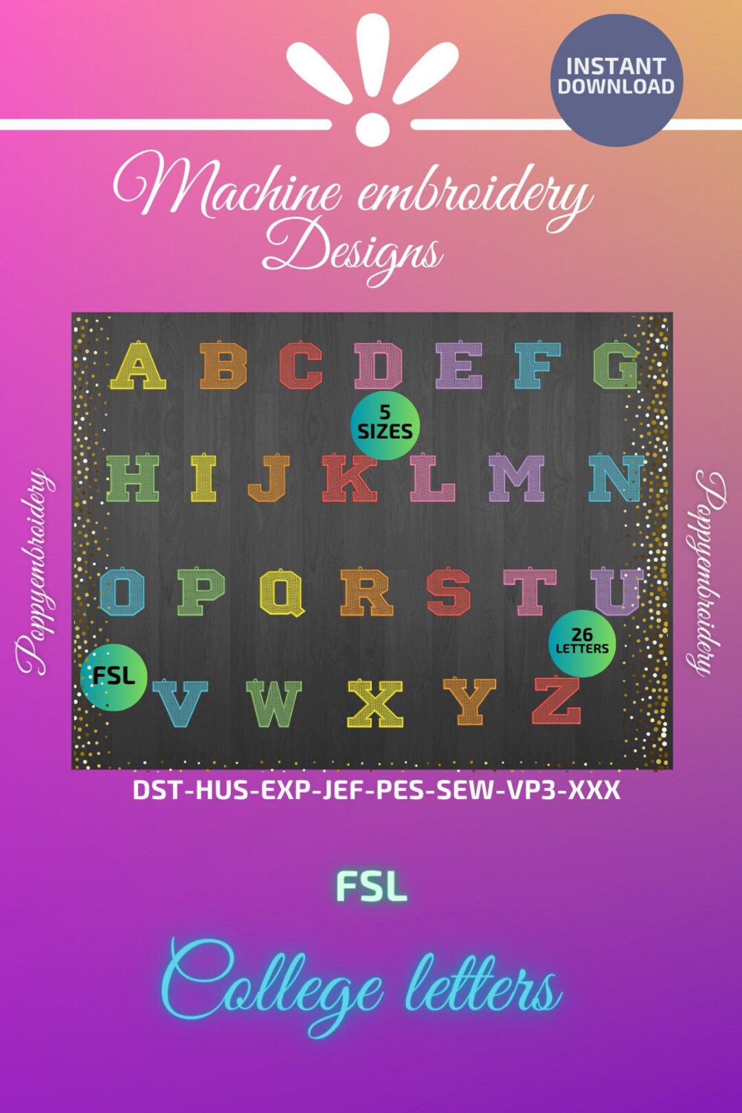 Free Standing Lace FSL College Letters /design for Embroidery Machine ...