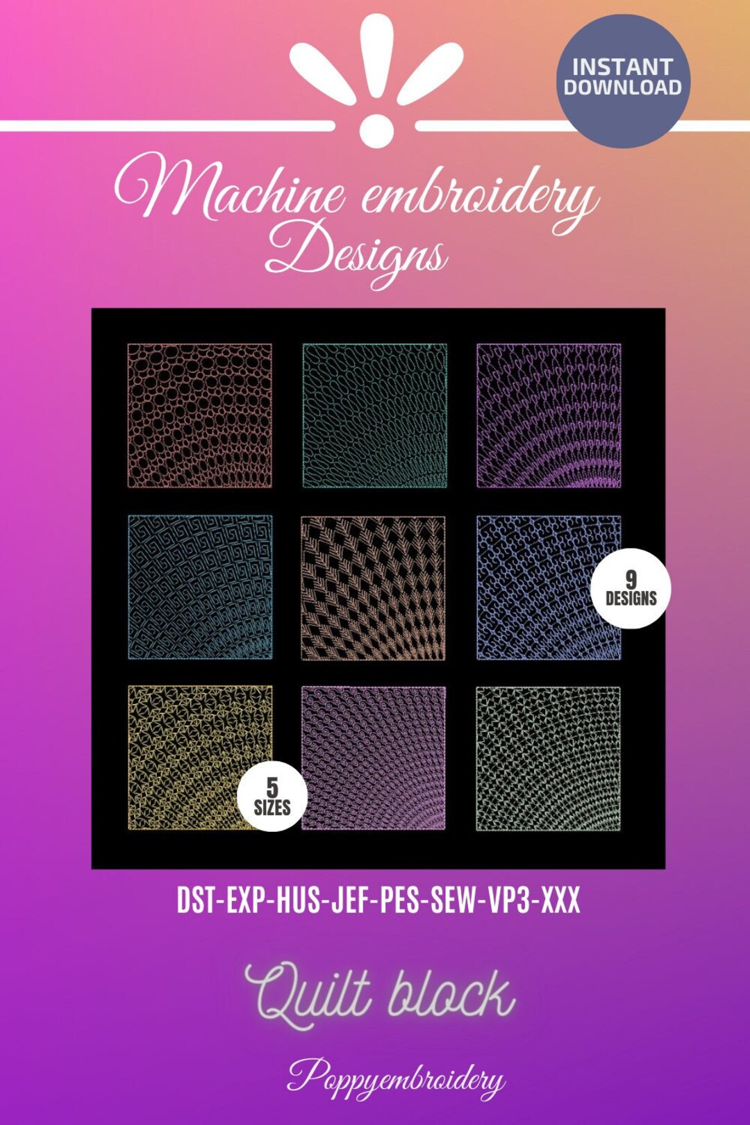 QUILT Block / 9 Patterns Embroidery Machine Designs / Motifs Pour ...