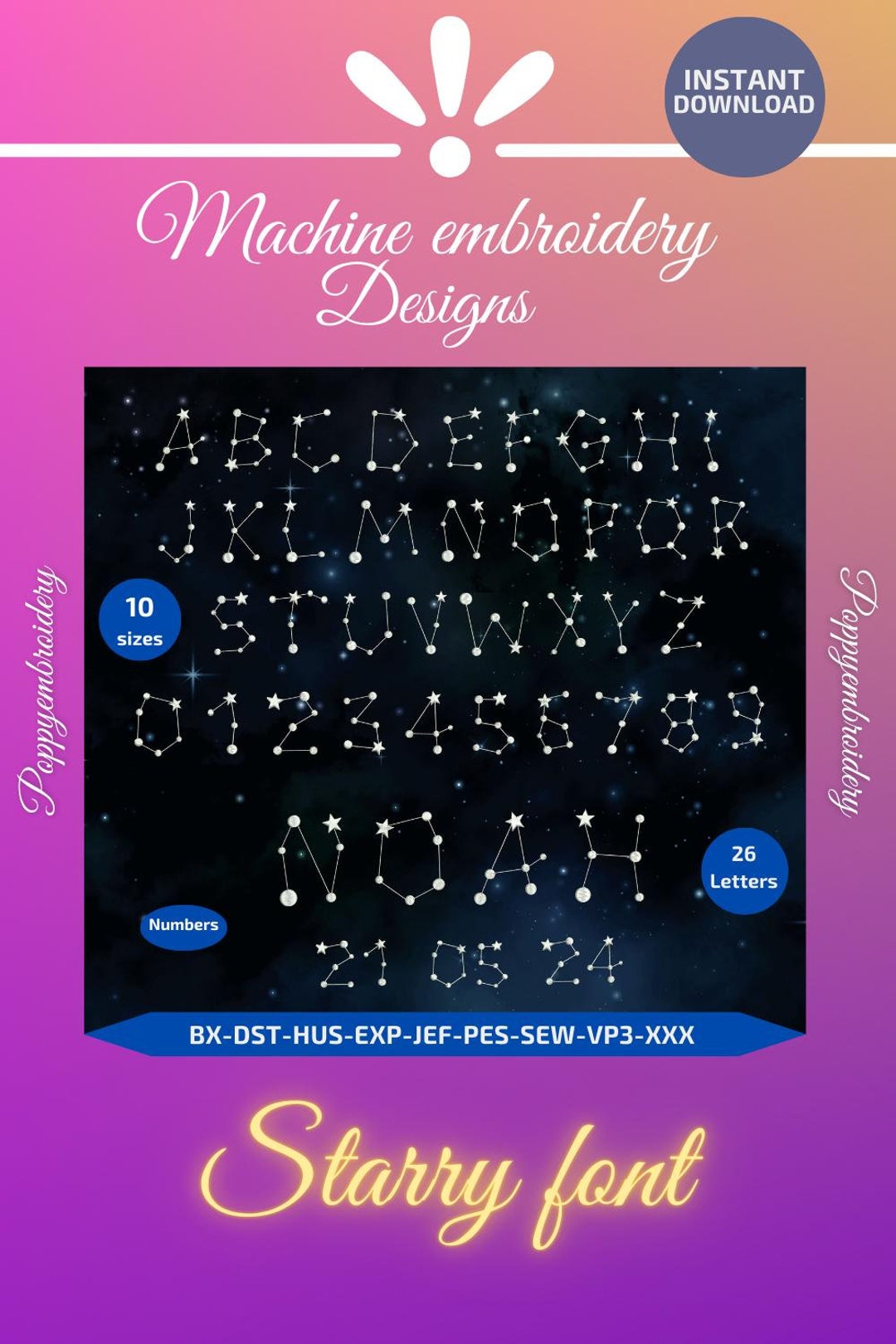 STARRY Font for Embroidery Machine / Motifs Lettre Police étoile Pour ...