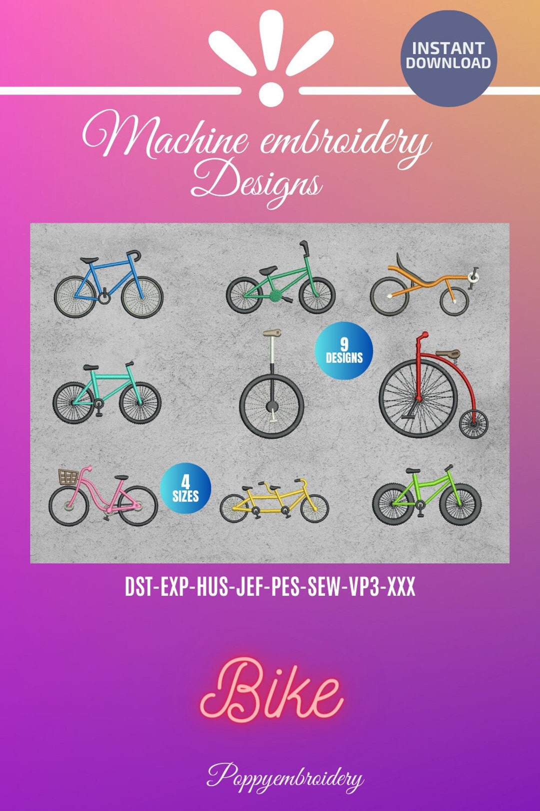 Bike Bicycle Design for Embroidery Machine / Motifs Velo Pour Broderie ...