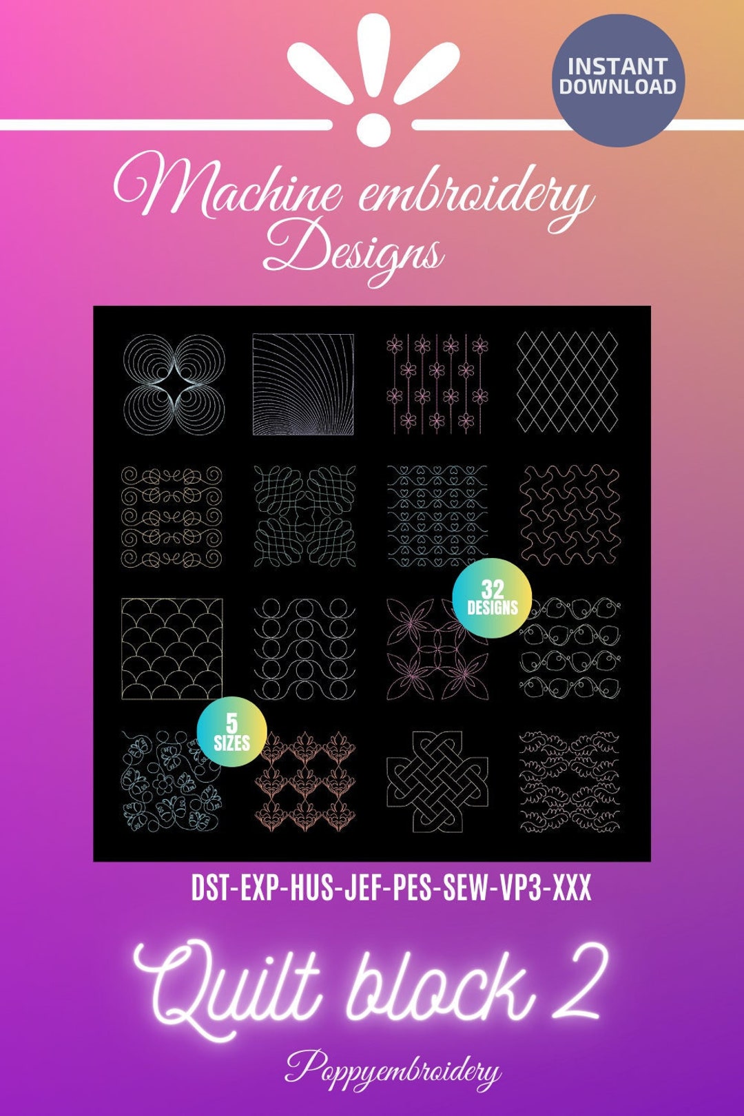 QUILT Block / 32 Patterns Embroidery Machine Designs / Motifs Pour ...