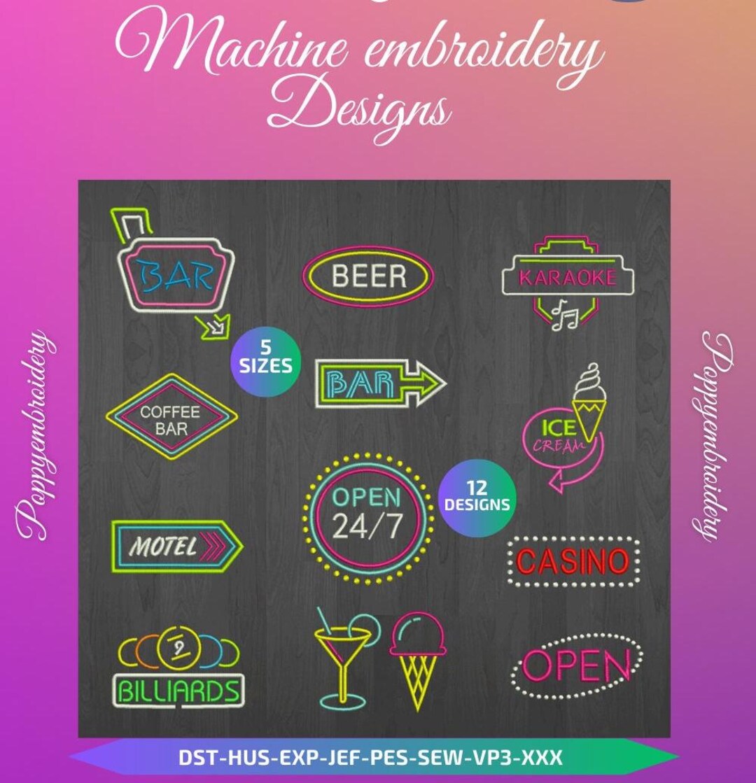 Neon Signs Machine Embroidery Designs, Nightlife Soiree (digital ...