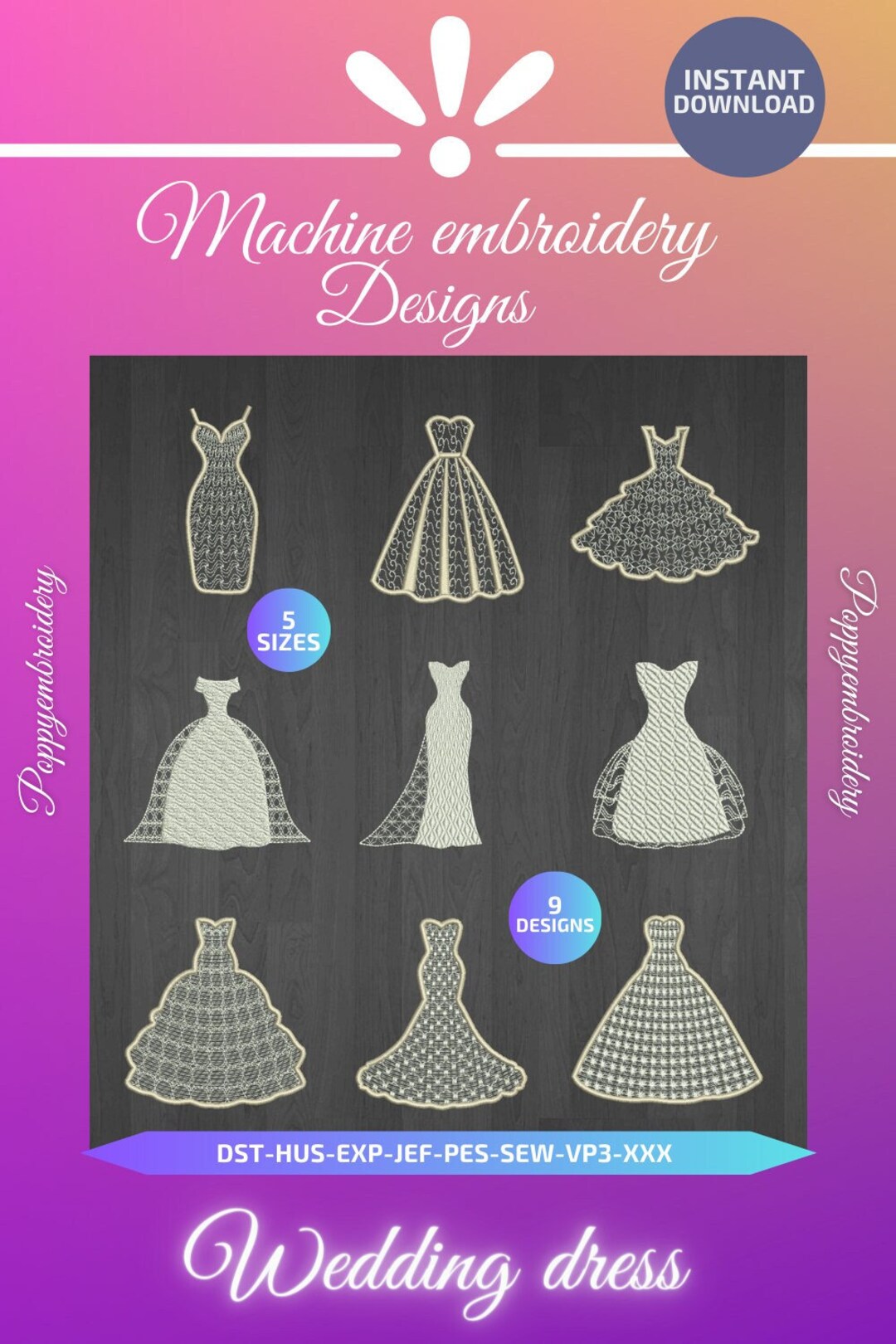 WEDDING DRESS Bride Embroidery Machine Designs Set / Robe Mariée Motifs ...