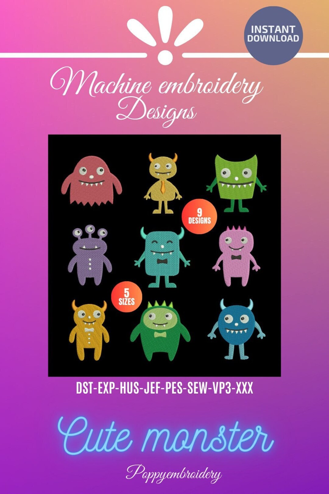 CUTE MONSTER Design for Embroidery Machine / Monstre Motifs Pour ...