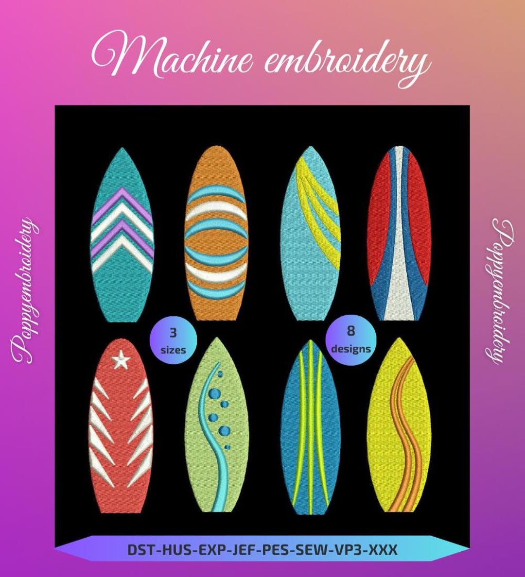 SURFBOARD Design for Embroidery Machine / Motifs Surf Pour Broderie ...