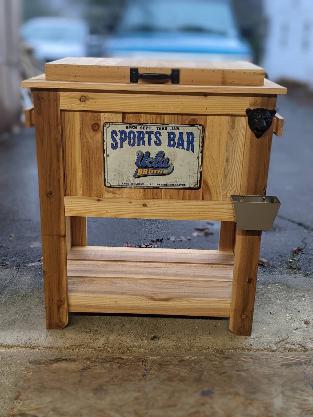 All Weather UCLA Rustic Ice Chest Cooler Stand With Brass Drain, Bottle ...