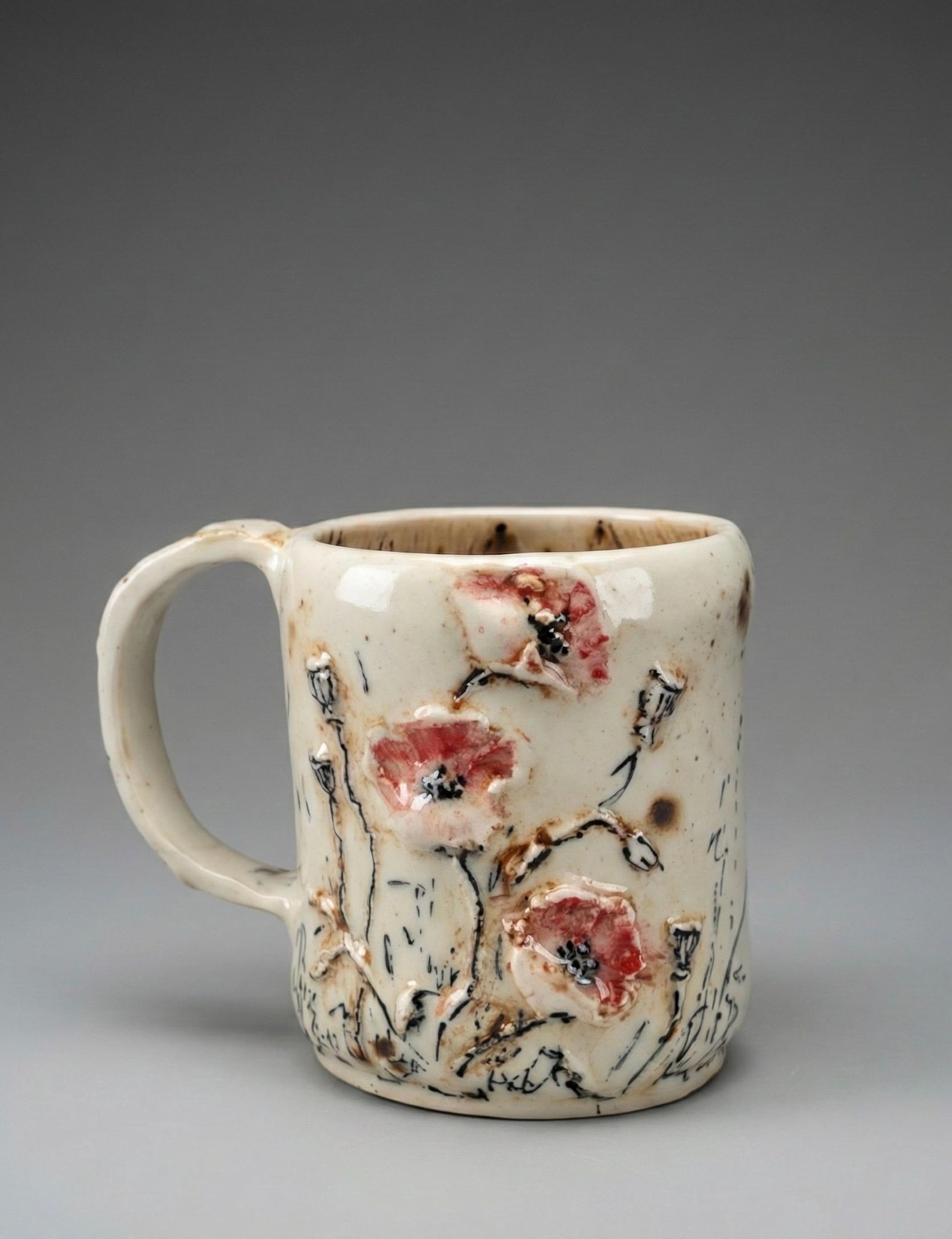 Handmade Ceramic Poppy Mug, 3D Floral Coffee Cup, Sculptural Pottery ...