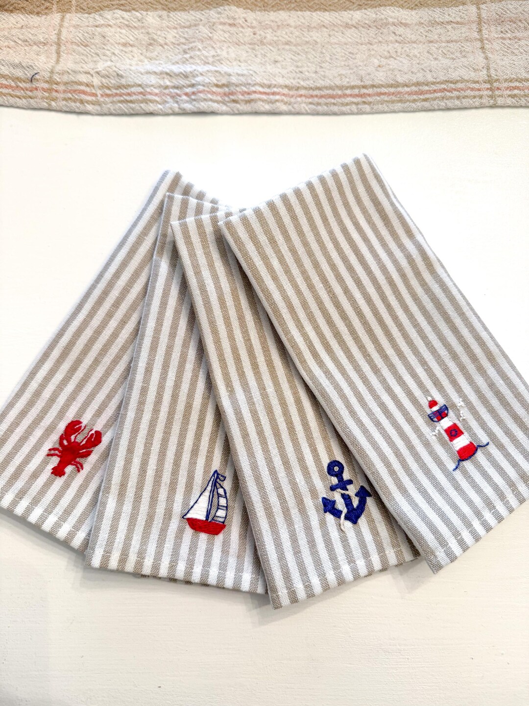 Hand Embroidered Nautical Icon Linen/cotton Napkins - Set of 4 ...