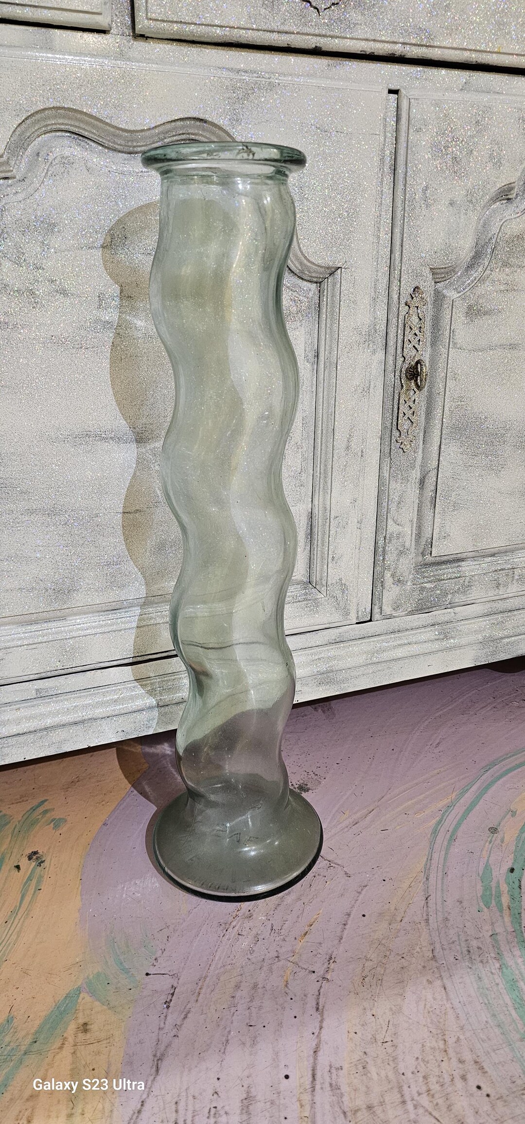 Vintage Vase Wavey Glass Floor Made in Italy Heavy 22.5 Hx6.5 Base X4.5 ...