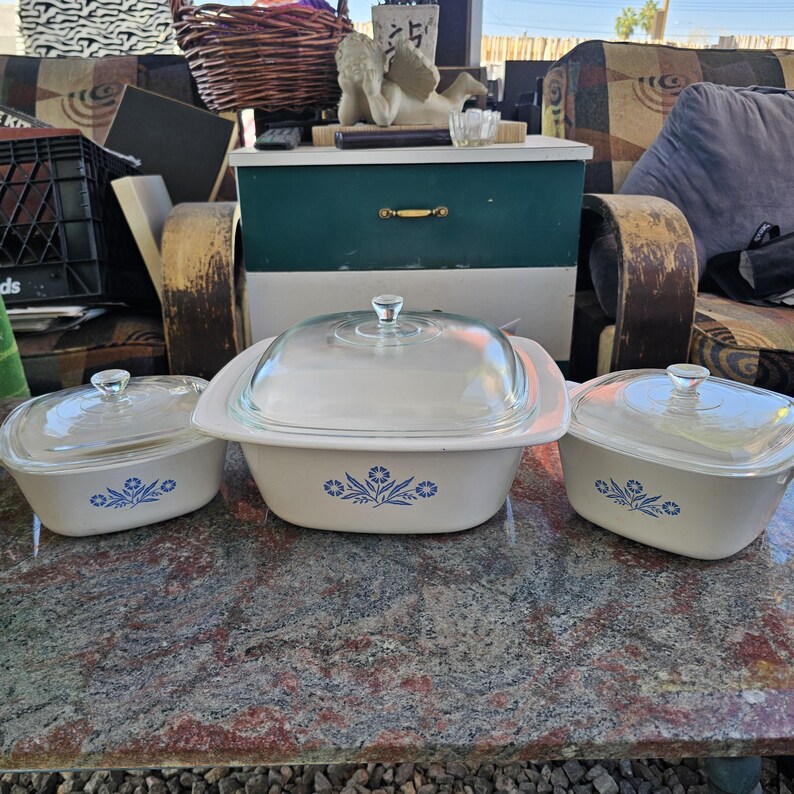 Vintage Corning Ware White Blue Cornflower 3 Piece Oven Set Used Big ...