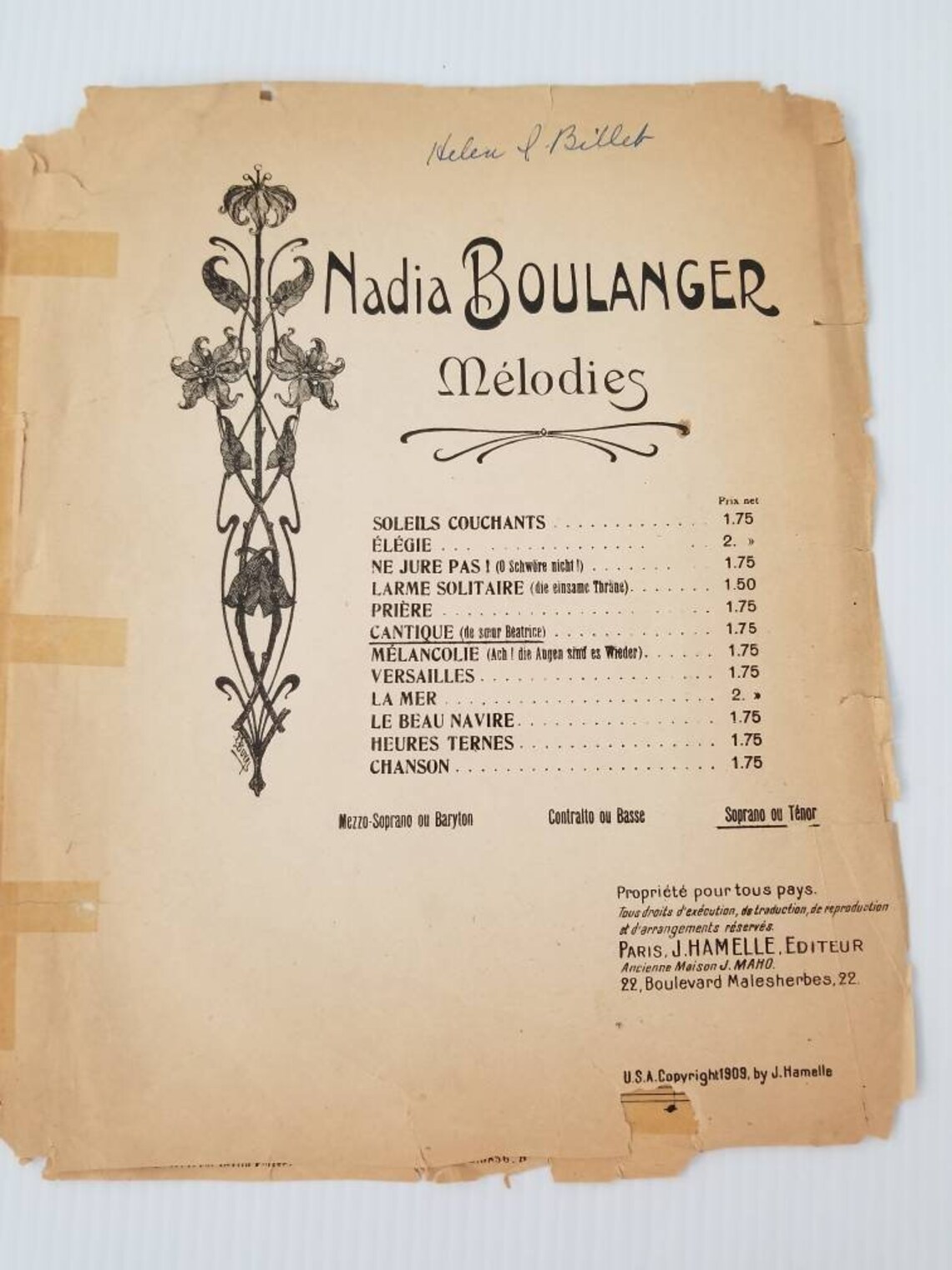 Nadia Boulanger Melodies Vintage Notes Music Sheets Paris | Etsy