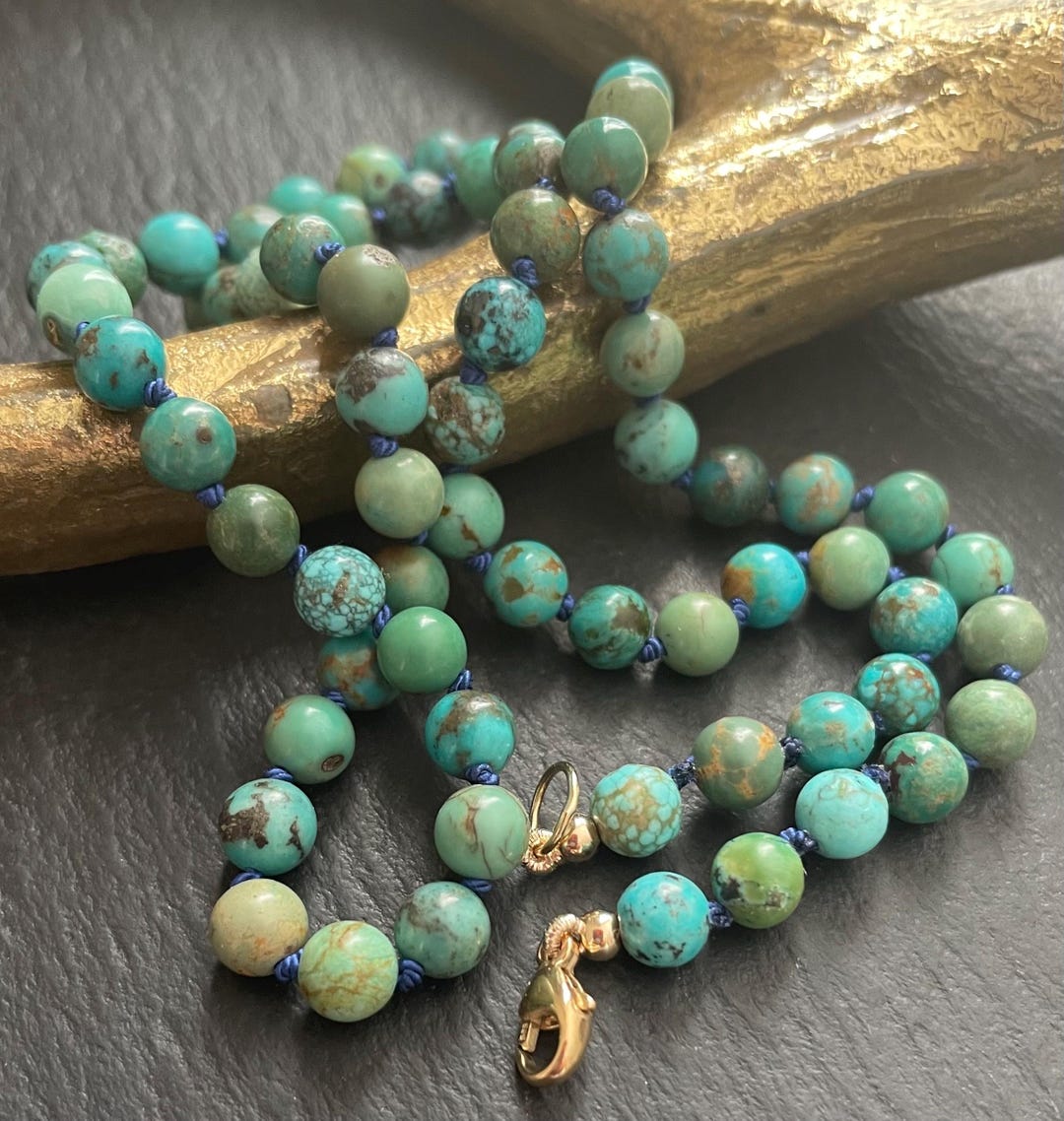 Genuine Natural Blue Green Golden Brown Turquoise Knotted Necklace ...