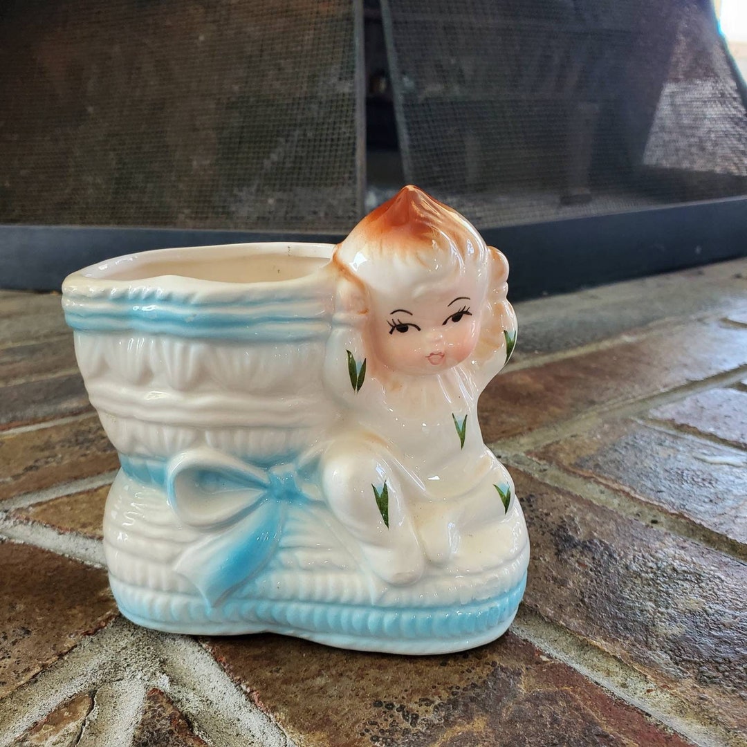Vintage Baby Planter, Baby Boy and Shoe Planter, MCM Pottery, Nursery ...