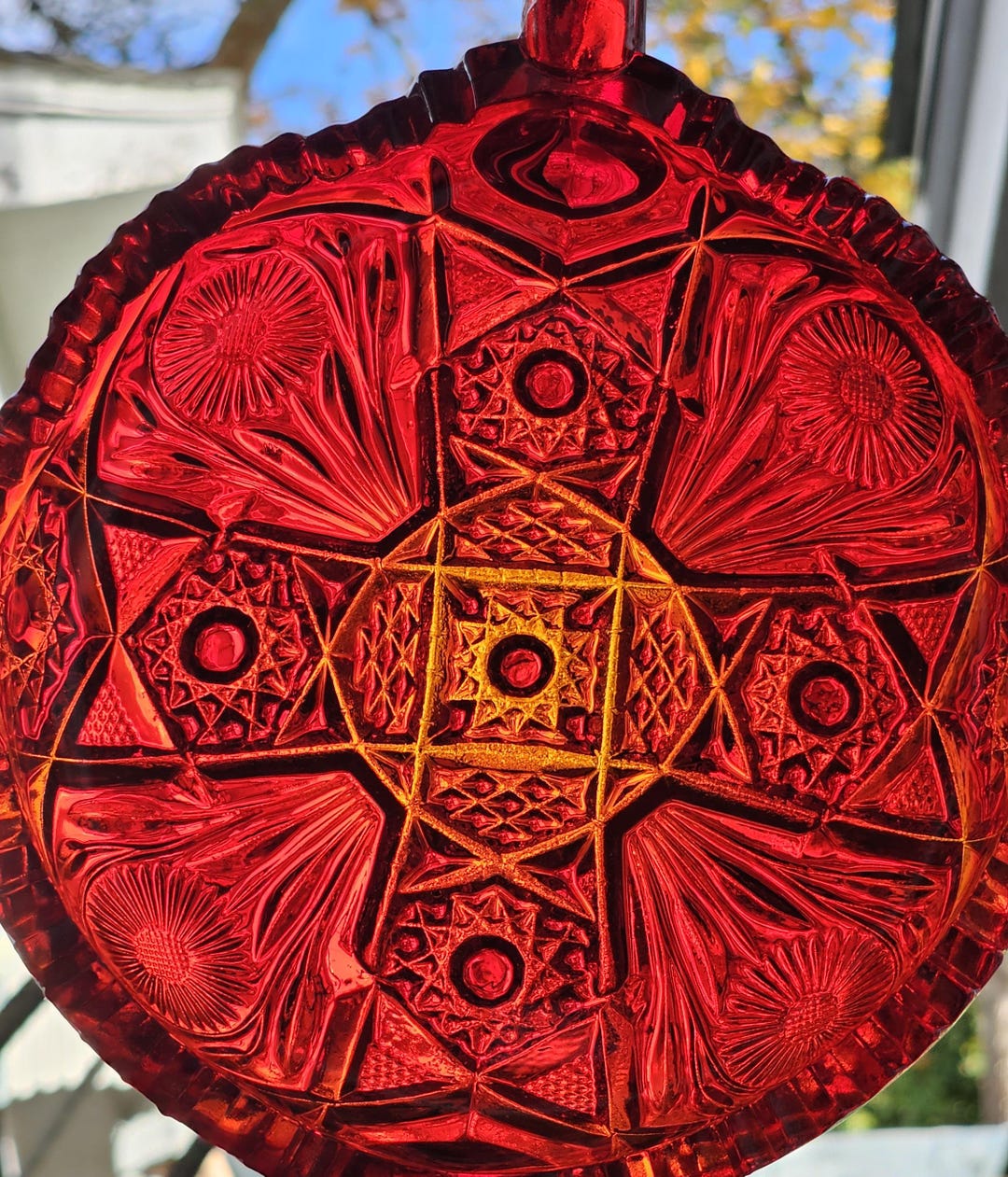 Vintage Red Glass Bowl With Handles Sawtooth Edge, UV Reactive Glows in ...