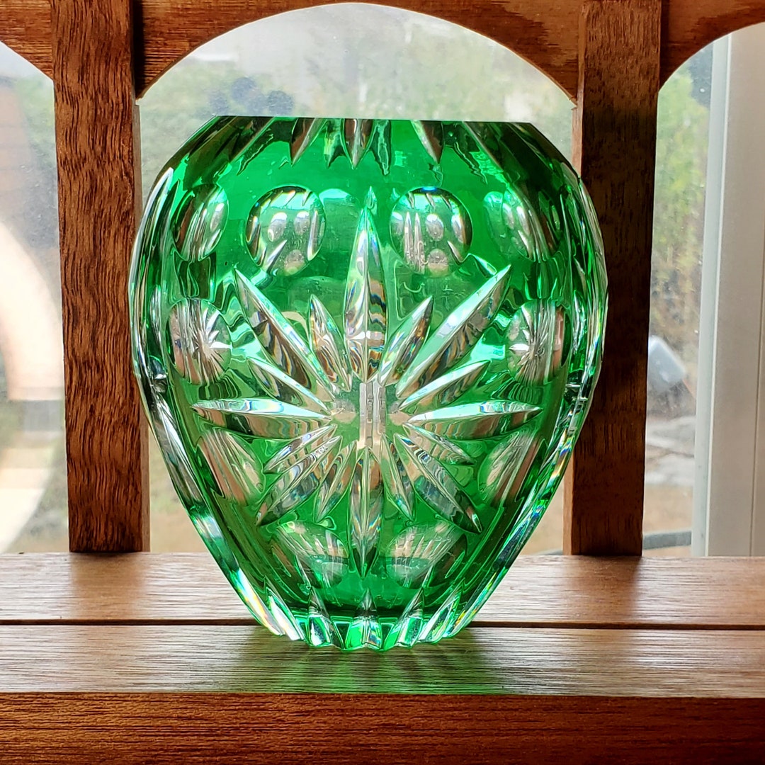 Vintage Green Cut Glass Vase Glass Display Piece Kusak Glass West Germany Flower Vase